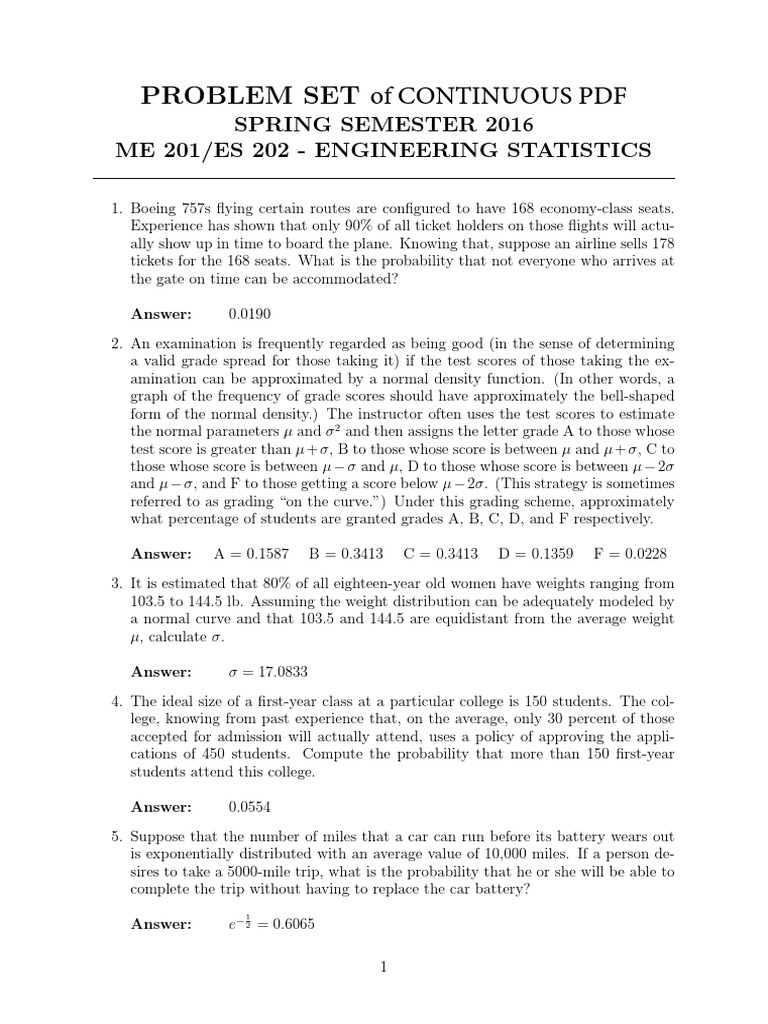 Problem Set 4 - Engineering Statistics PDF | PDF | Normal Distribution ...