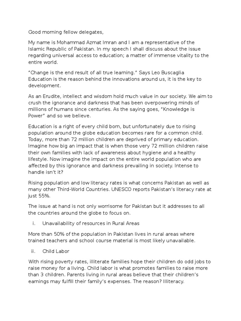 MUN Speech | Download Free PDF | Literacy | Teachers