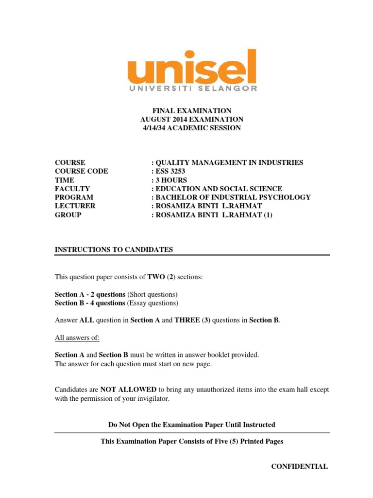 Quality Management Final Exam Paper | PDF | Test (Assessment) | Business