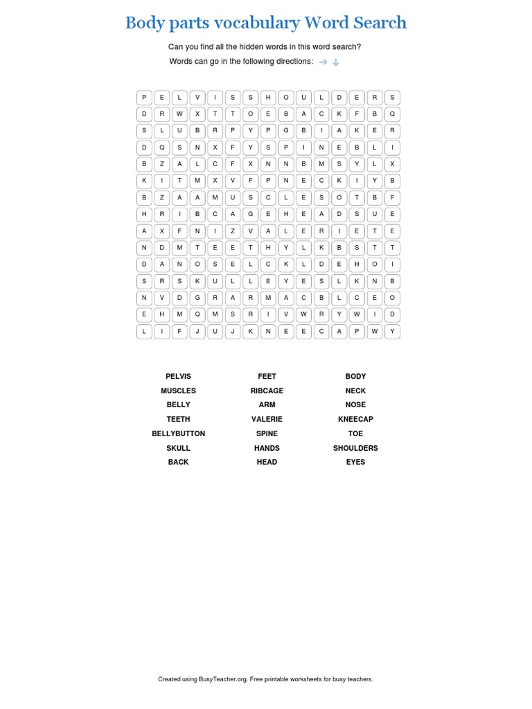Body Parts Vocabulary Word Search | PDF