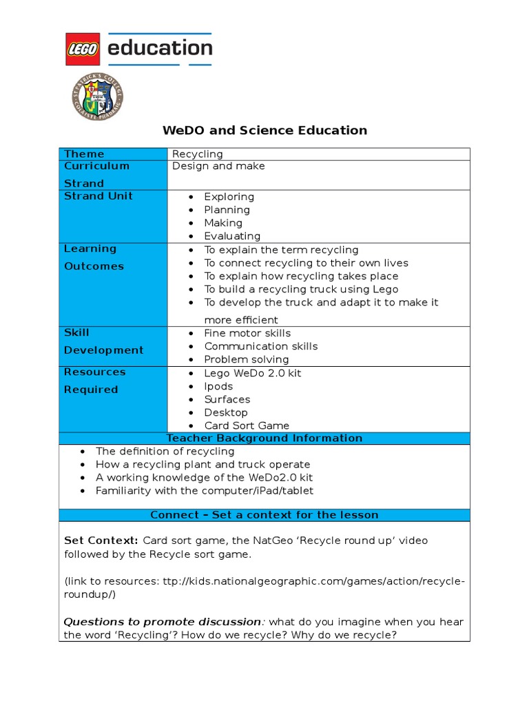 Lego Lesson Plan | PDF | Educational Assessment | Recycling