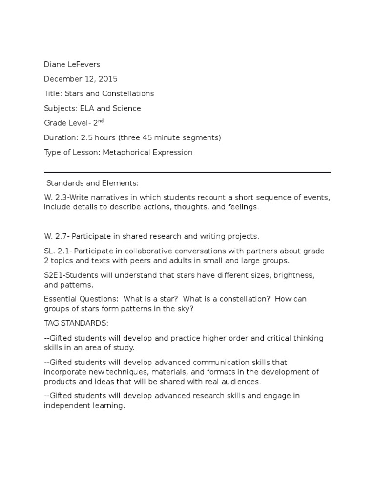 2nd Grade Stars & Constellations Lesson | PDF | Analogy | Constellation