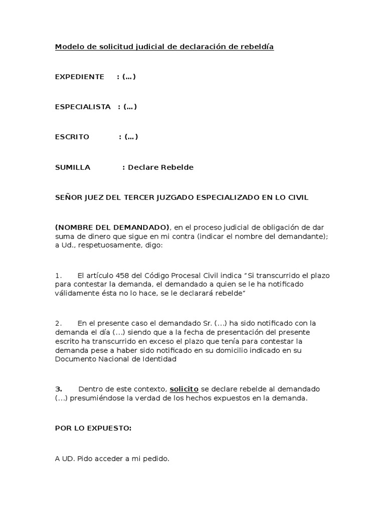 Modelo de solicitud de rebeldía judicial | PDF