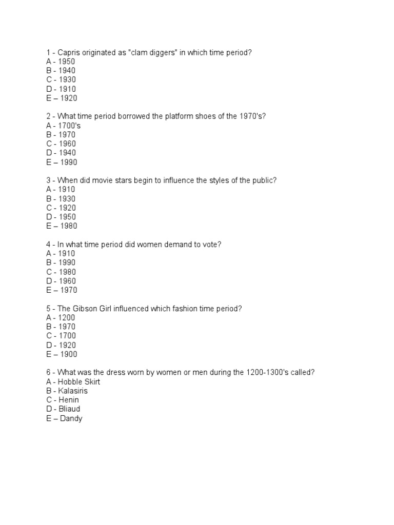 Fashion History Quiz | PDF | Suit (Clothing) | Fashion