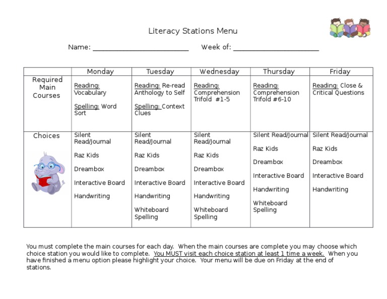 Weekly Literacy Stations Menu | PDF