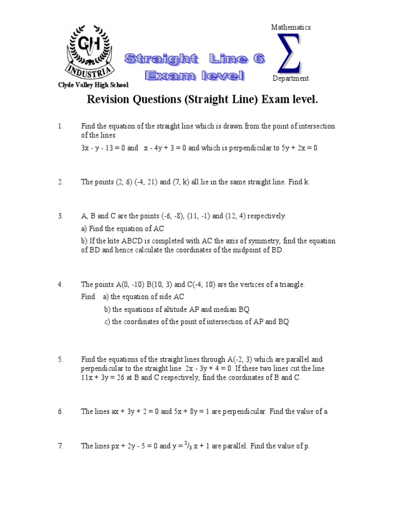 Straight Line Exam Revision Questions | PDF | Teaching Methods & Materials