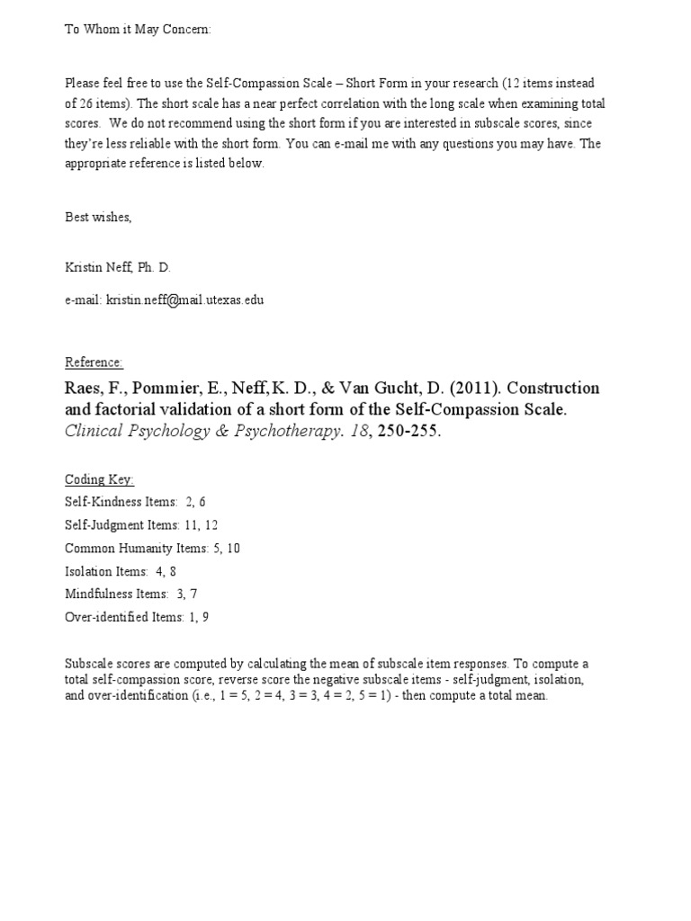 Self-Compassion Scale Short Form PDF | PDF