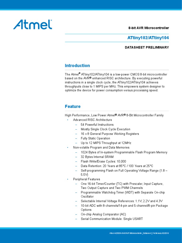 Atmel 42505 8 Bit AVR Microcontroller ATtiny102 ATtiny104 - Datasheet PDF | PDF