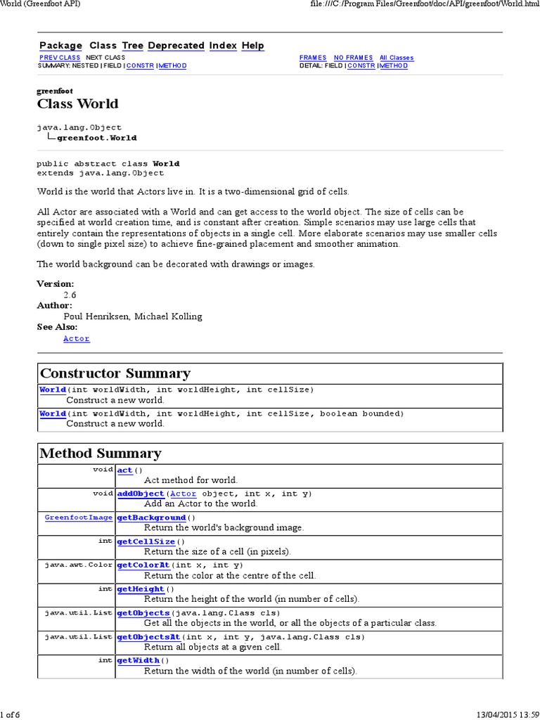 World (Greenfoot API) | Download Free PDF | Inheritance (Object Oriented Programming) | Java ...