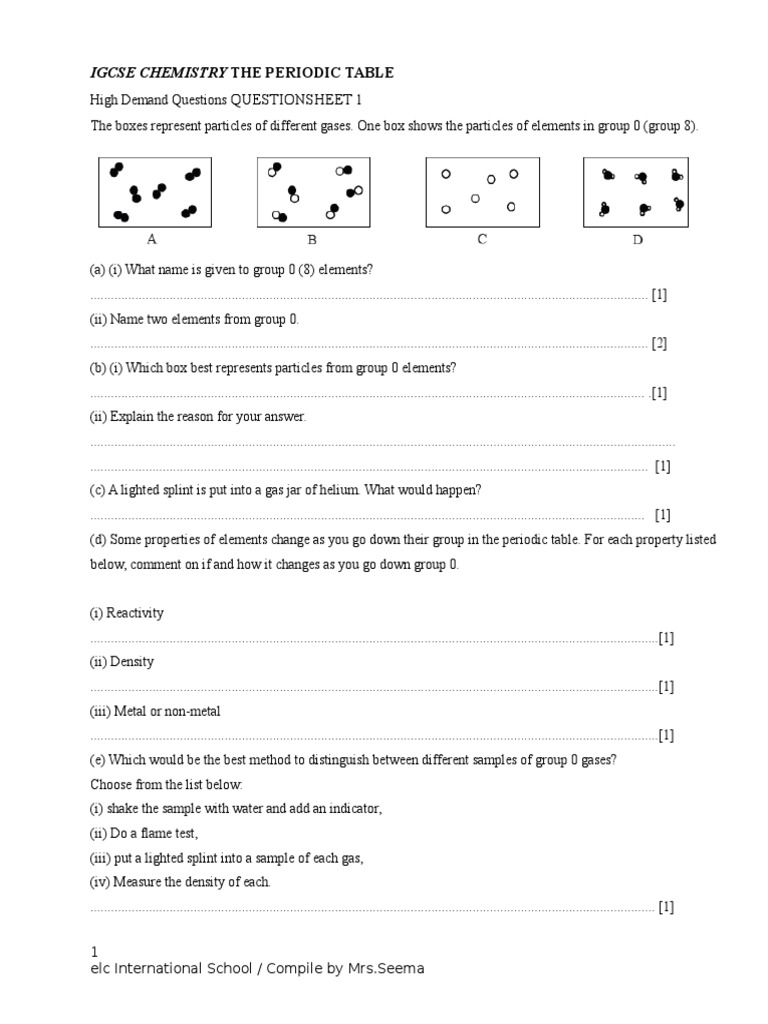 IGCSE Chemistry: Periodic Table Questions | PDF | Chlorine | Ion