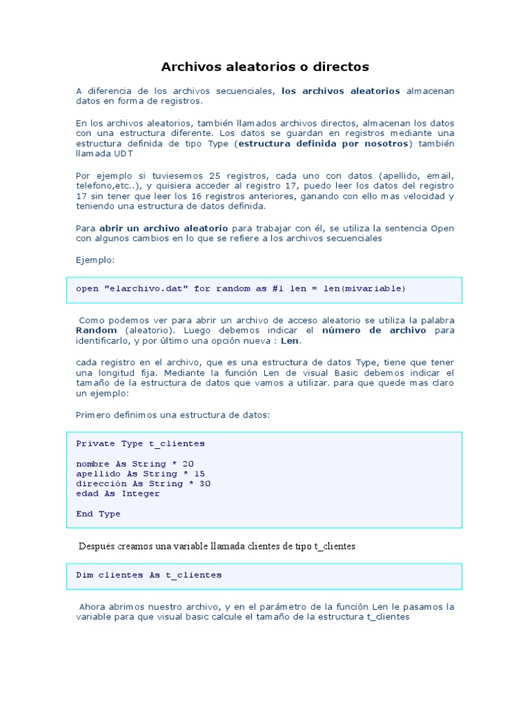 Practica Archivos Aleatorios o Directos | PDF | Básico | Archivo de computadora