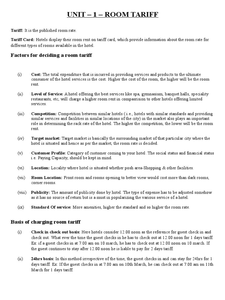 Unit 1 - Room Tariff | PDF | Meal | Hotel