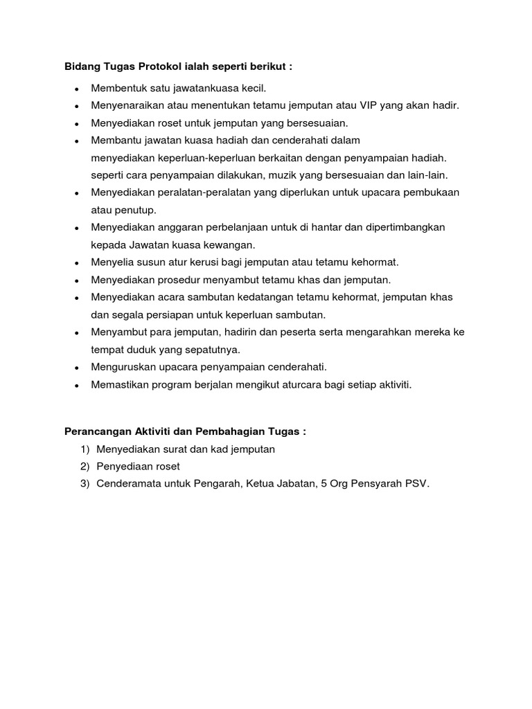 Senarai Tugas AJK Protokol | PDF