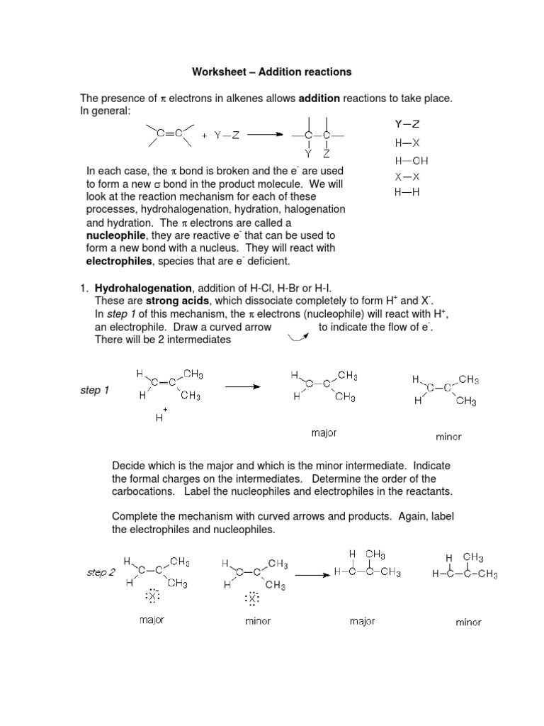 Addition Reactions Worksheet | PDF | Chemical Reactions | Alkene