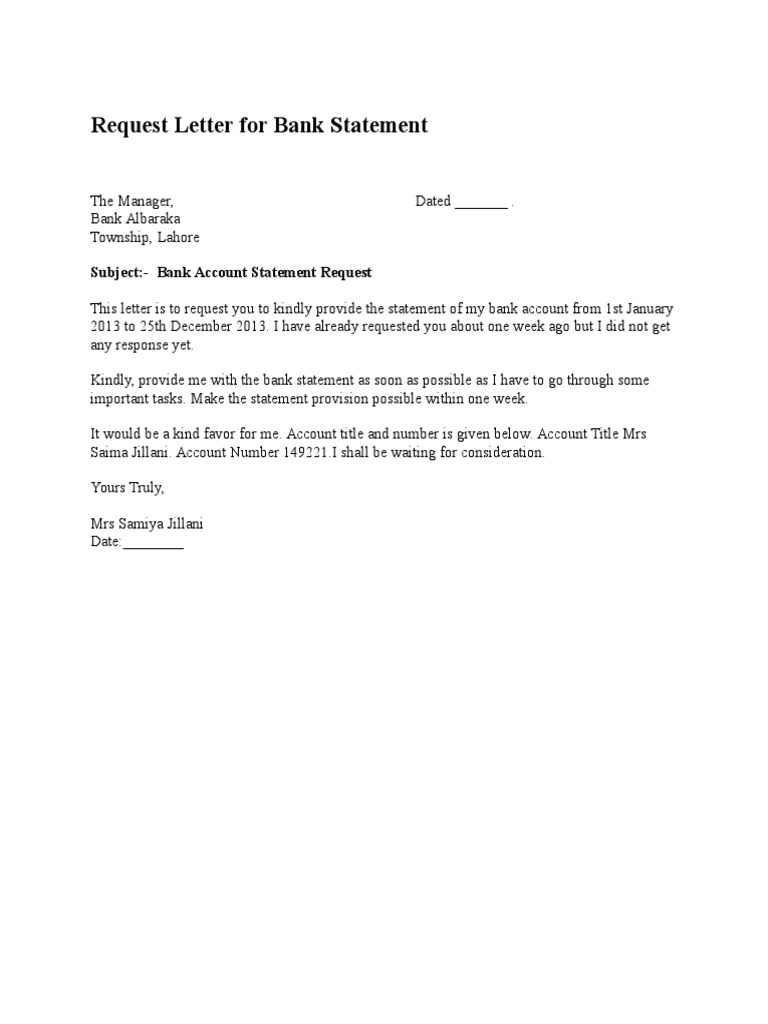 Bank Statement Request Letter Template | PDF | Career & Growth ...
