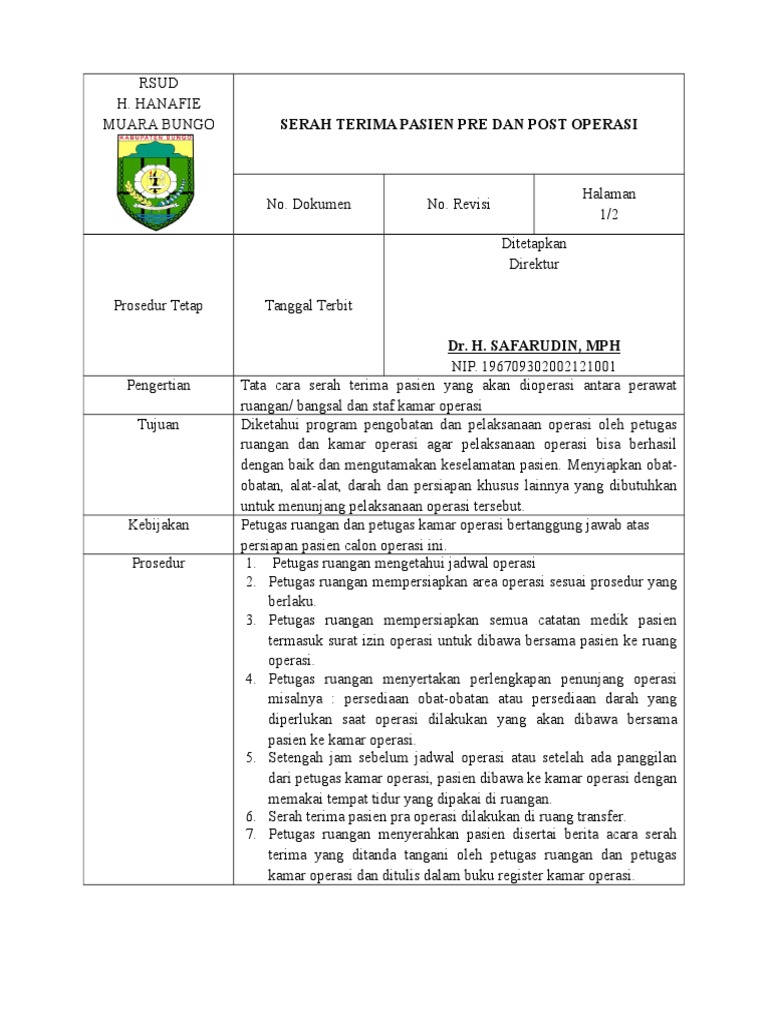 Sop Serah Terima Pasien Pre Dan Post Operasi | PDF