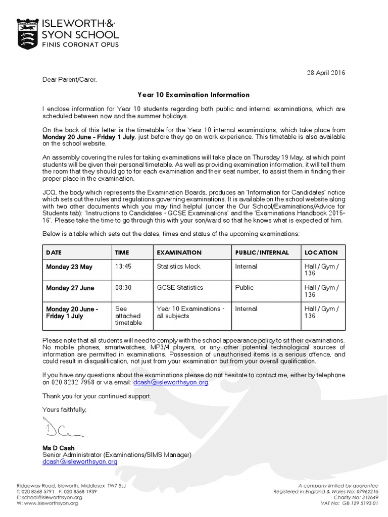 Year 10 Examination Information | PDF | Test (Assessment) | Science