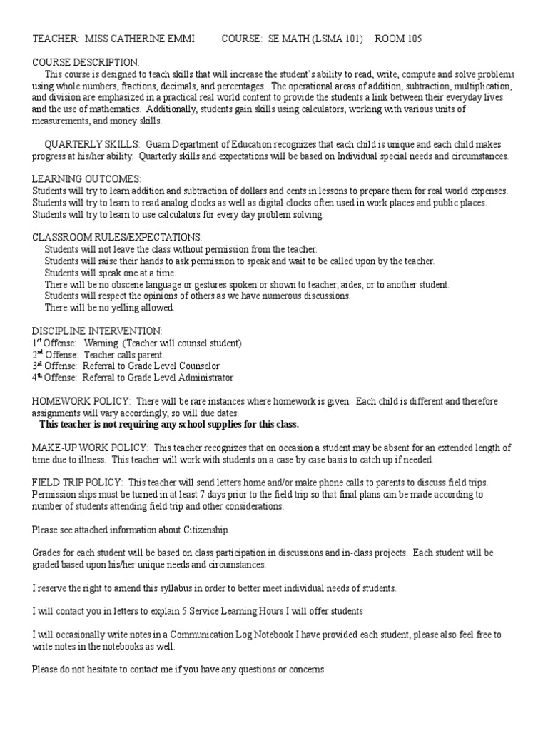 Math Syllabus 9th Grade | PDF | Syllabus | Homework