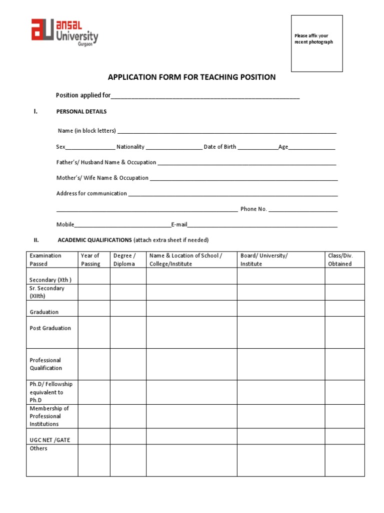 Application Form For Teaching Position | PDF