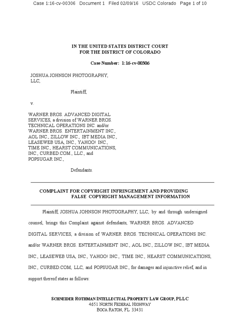 Copyright Infringement Complaint: JJ Photography vs. Warner Bros. | PDF ...