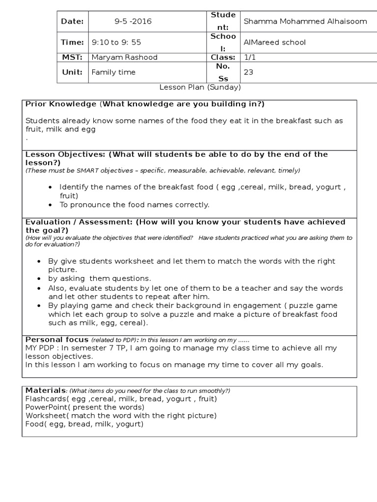 Lesson Plan 1 Breakfast | PDF | Lesson Plan | Educational Psychology