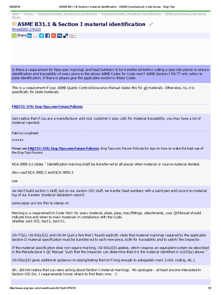 ASME B31.1&Section I Material Identification | PDF | Pipe (Fluid ...