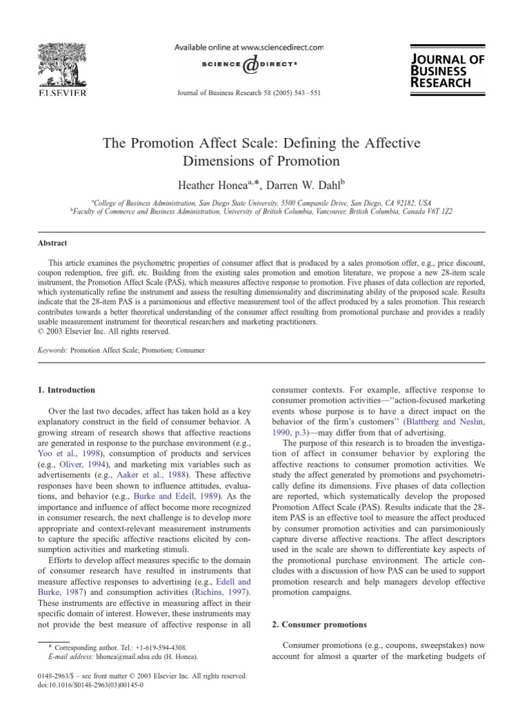 The Promotion Affect Scale: Defining The Affective Dimensions of ...