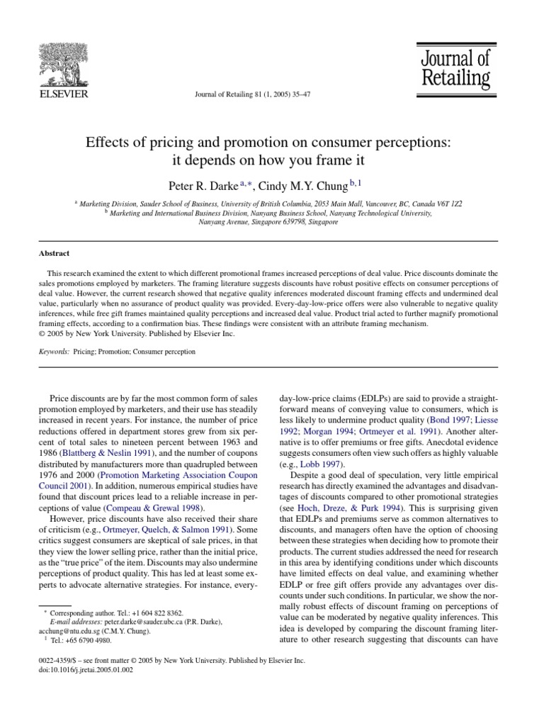 Effects of Pricing and Promotion On Consumer Perceptions: It Depends On ...