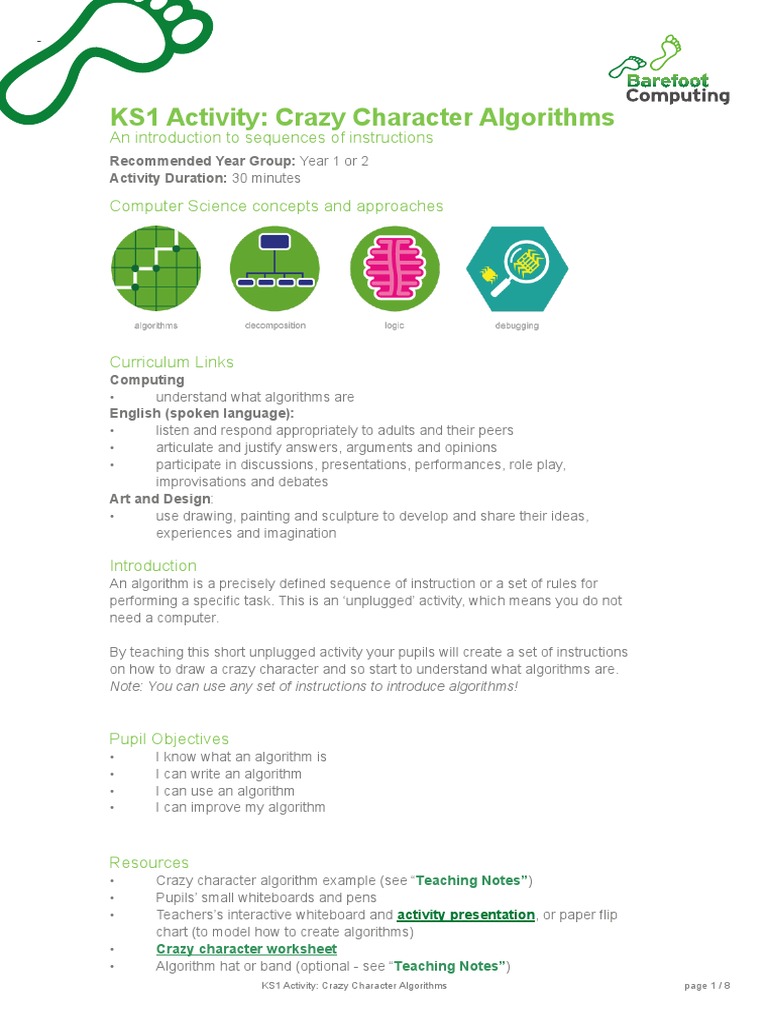 Ks1 Crazy Character Algorithms Activity Barefoot Computing Pdf Algorithms Curriculum 