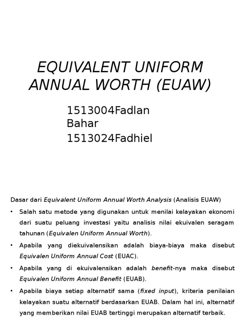 Equivalent Uniform Annual Worth (EUAW) | PDF
