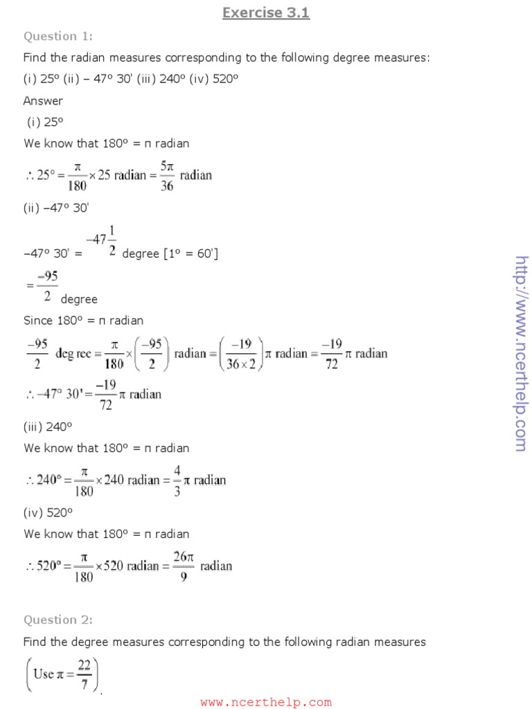 Ncert Solutions For Class 11 Maths Chapter 3 Trigonometric