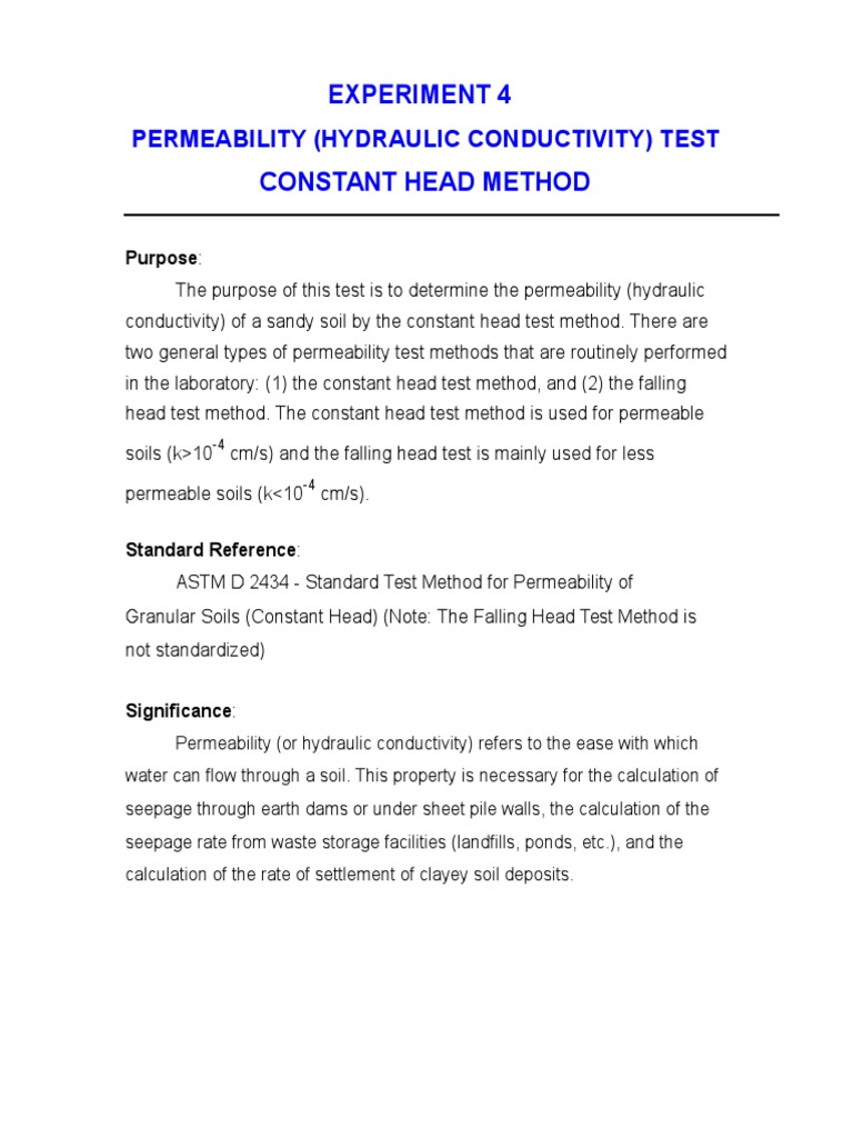 Constant Head Permeability Test Guide | PDF | Permeability (Earth ...