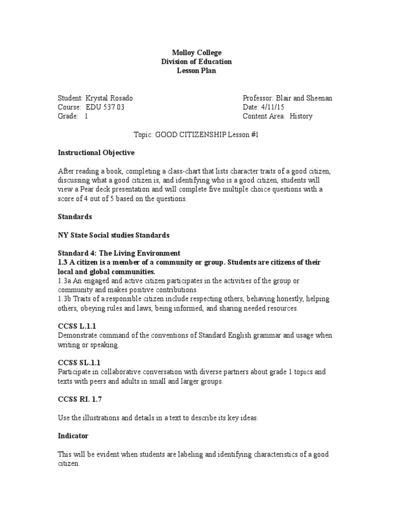 Edu 537 - Final Lesson Plan Good Citizenship | PDF | Citizenship ...