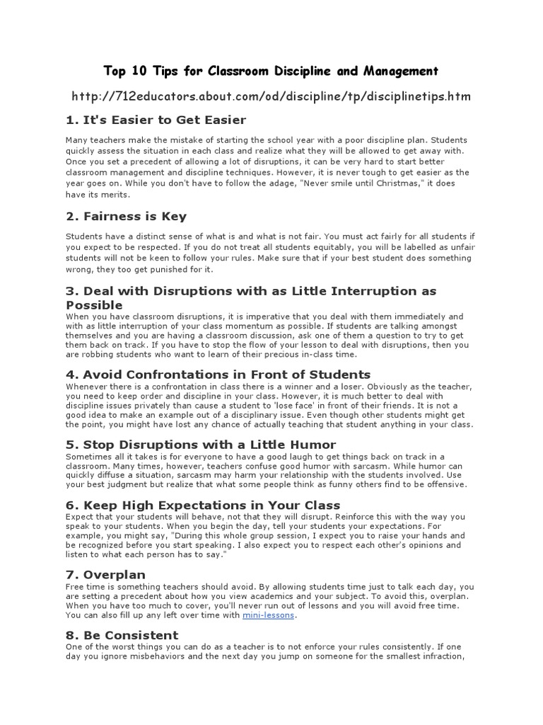 Top 10 Tips For Classroom Discipline and Management | PDF