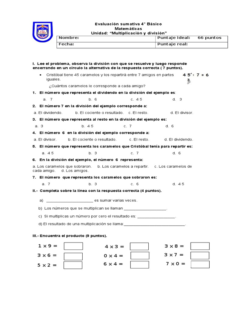 Prueba Multiplicacion y Division 4° Basico | PDF | División ...
