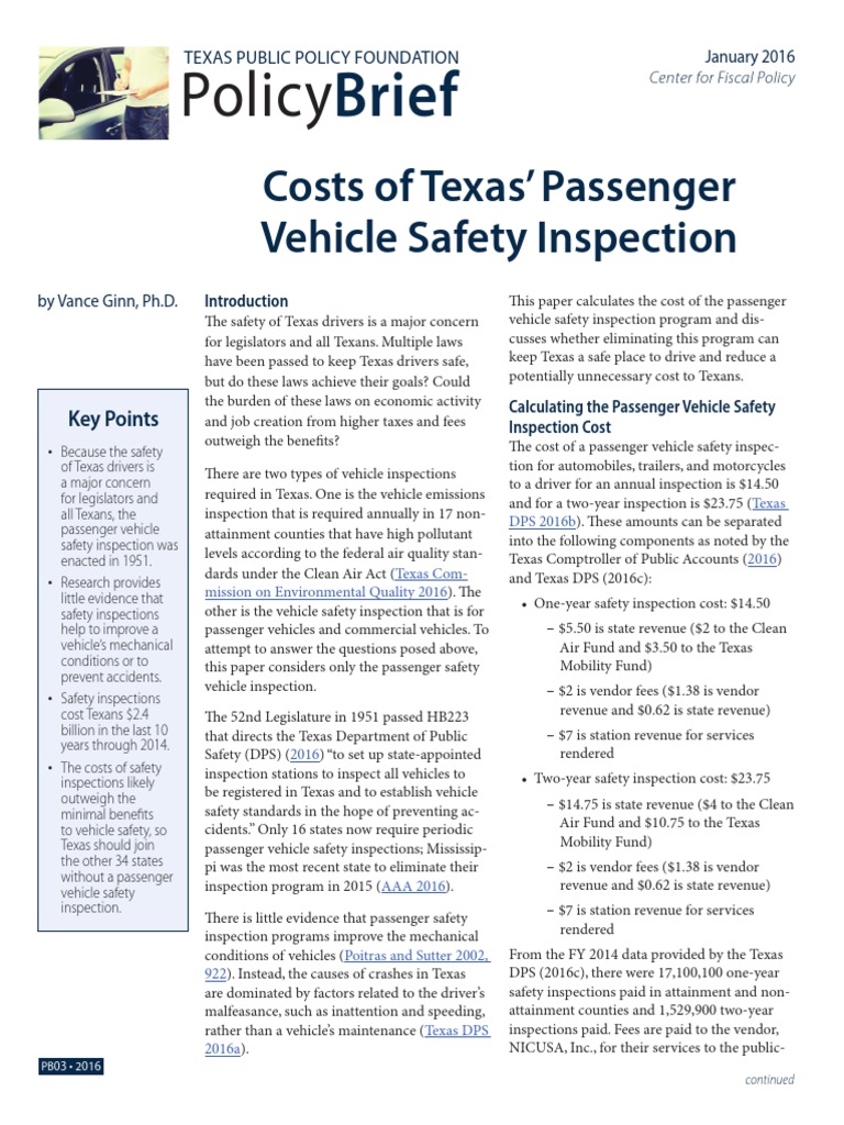 Costs of Texas' passenger vehicle safety inspection | Texas | Safety ...