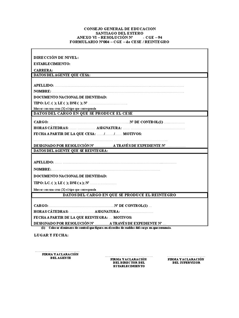 Formulario 004 Cese - Reintegro | PDF