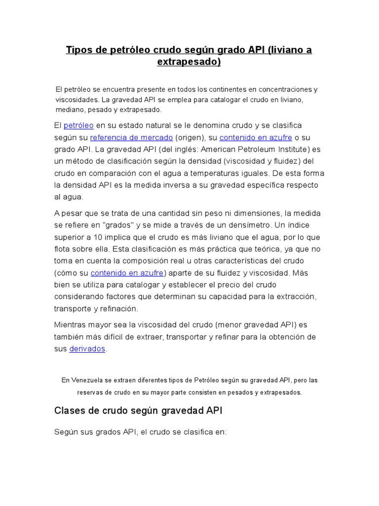 Tipos de Petróleo Crudo Según Grado API | PDF | Petróleo | Hidrocarburos