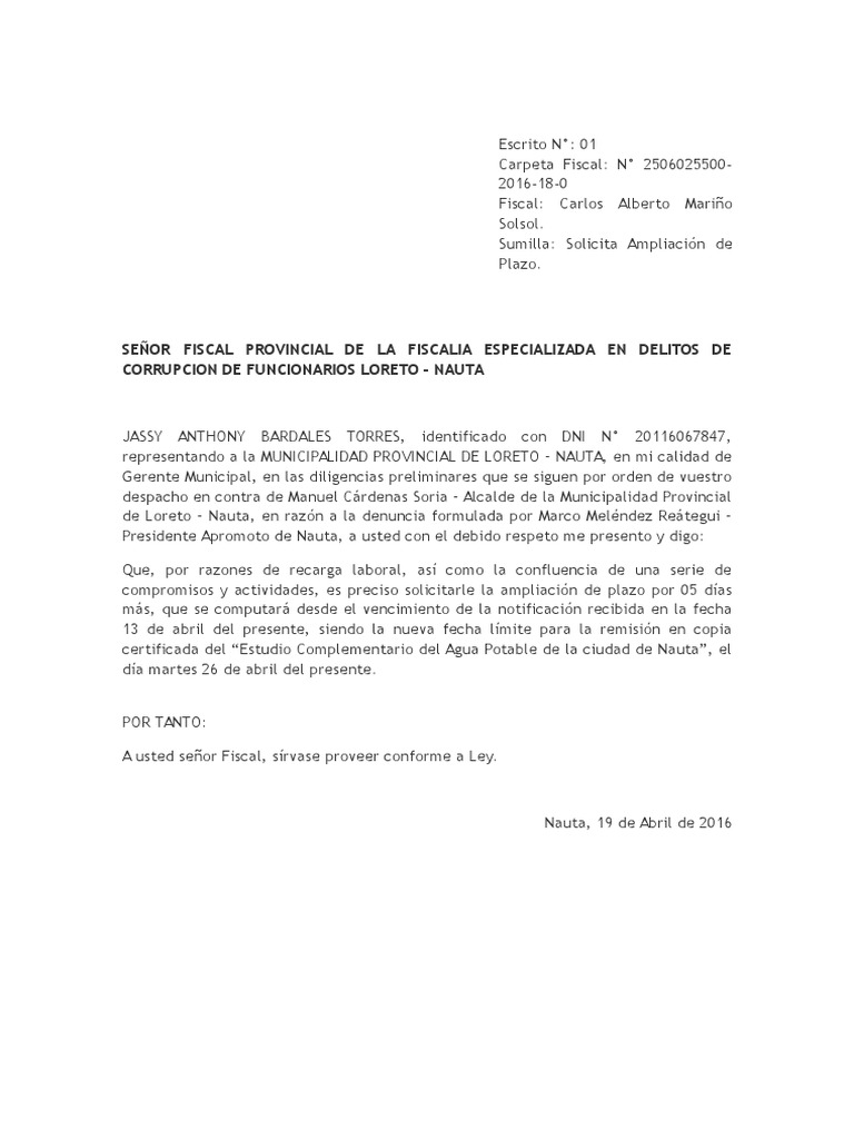 Escrito Solicito Ampliacion de Plazo | PDF | Finanzas y dinero