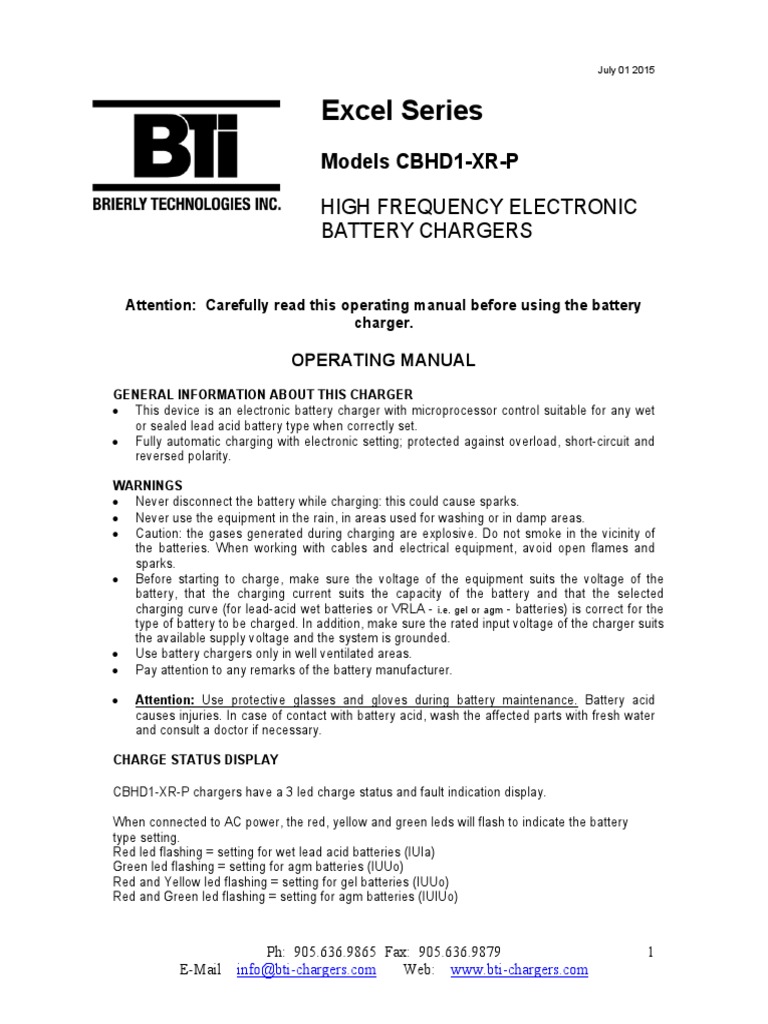 BTI Excel Battery Charger - Operating Manual CBHD1-XR-P - July 01 2015 - en - FR | PDF | Battery ...