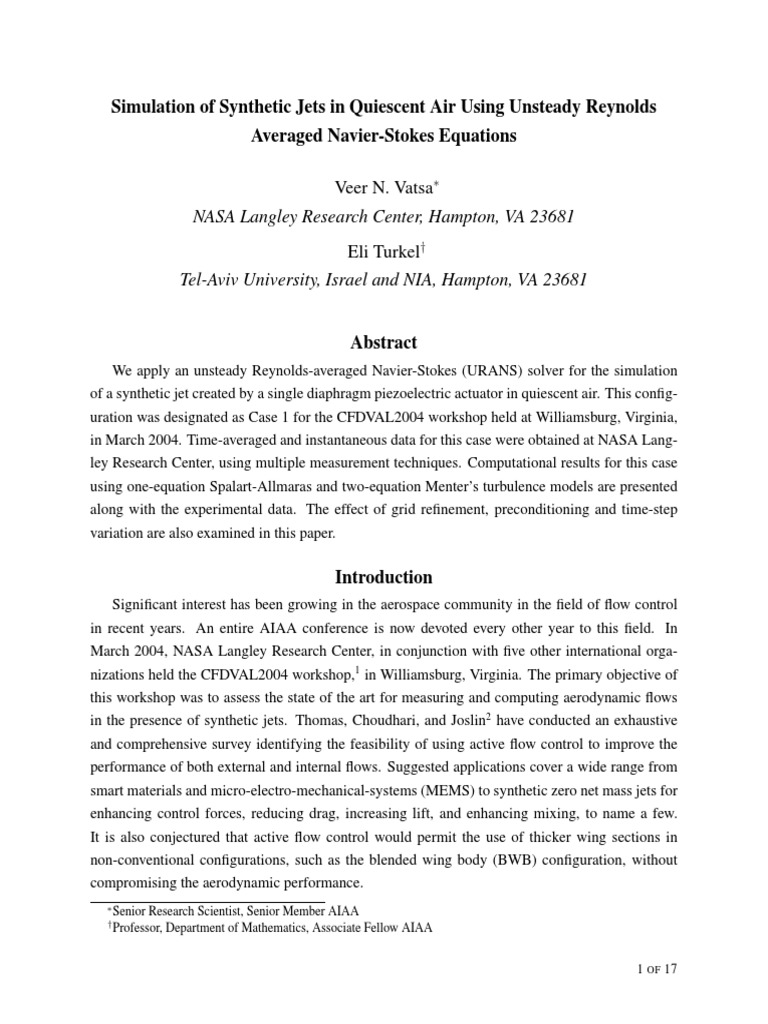 Simulation of Synthetic Jets in Quiescent Air Using Unsteady Reynolds Averaged Navier-Stokes ...