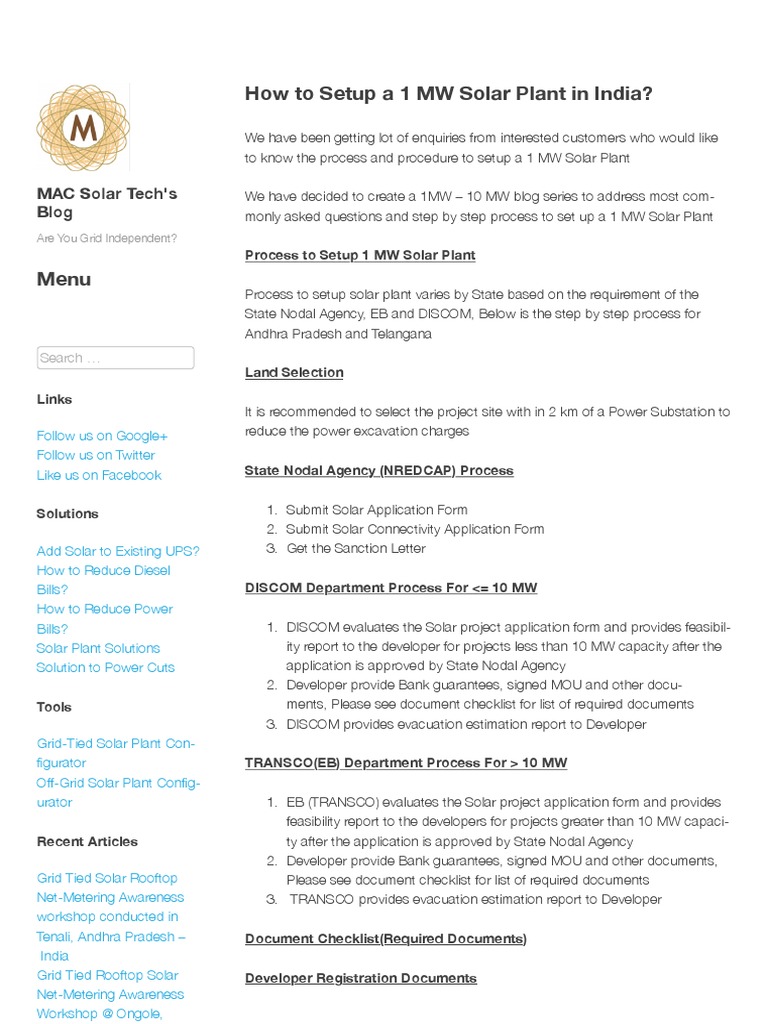 Setup A 1 MW Solar Plant in India? - MAC Solar Tech's Blog | PDF ...