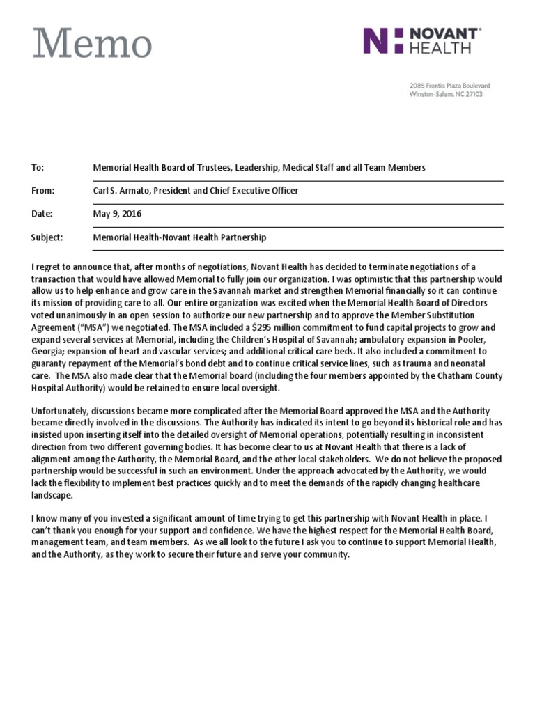 Novant letter regarding withdrawal of Memorial Health deal | Board Of ...