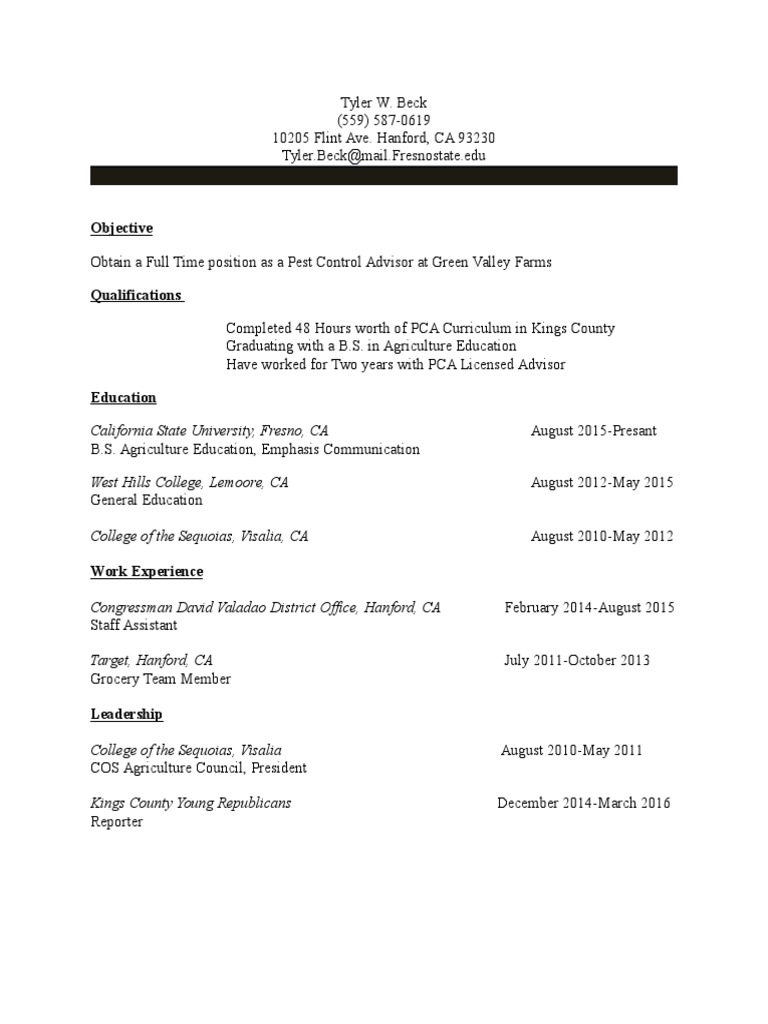 Pest Control Advisor Resume - Tyler Beck | PDF