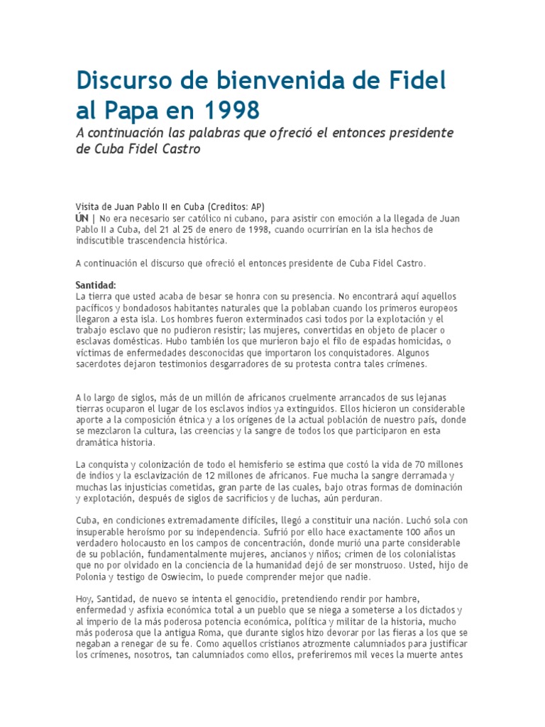 Discurso de Bienvenida de Fidel Al Papa en 1998 | PDF | Cuba | Fidel Castro