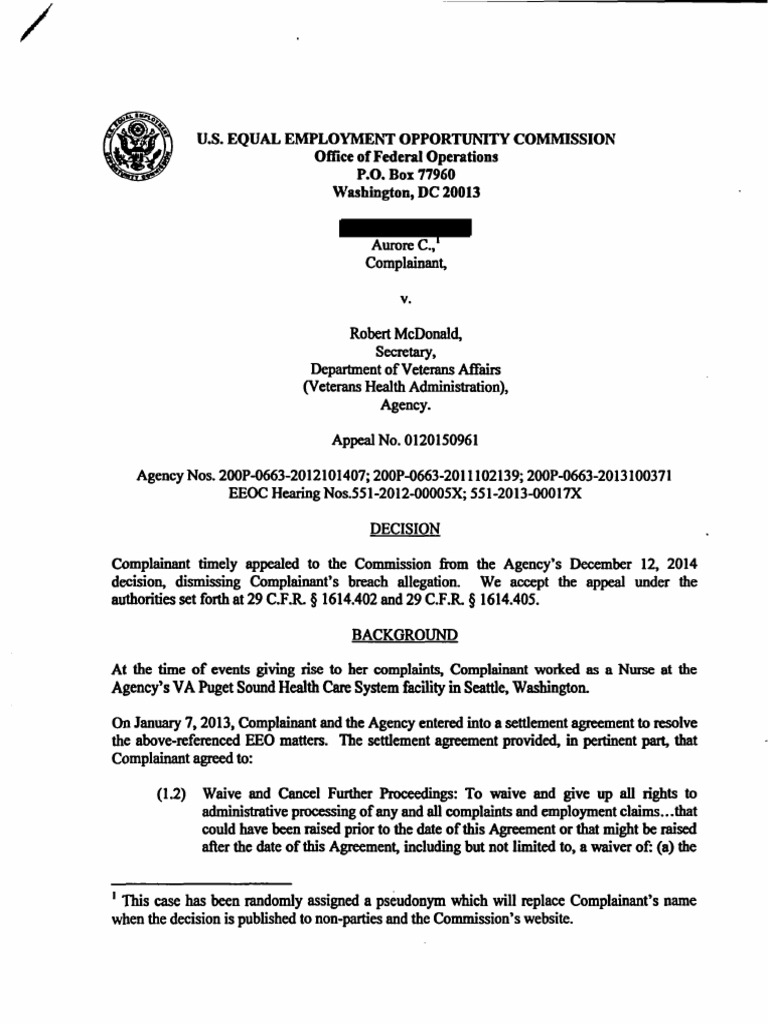 Aurore C: EEOC Settlement Breach Case | PDF | Equal Employment ...