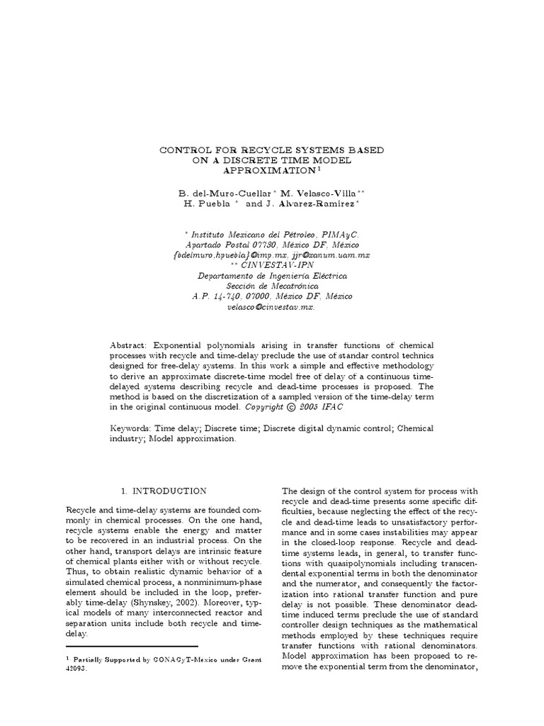 2005 - Control For Recycle Systems Based On A Discrete Time Model Approximation | PDF | Control ...