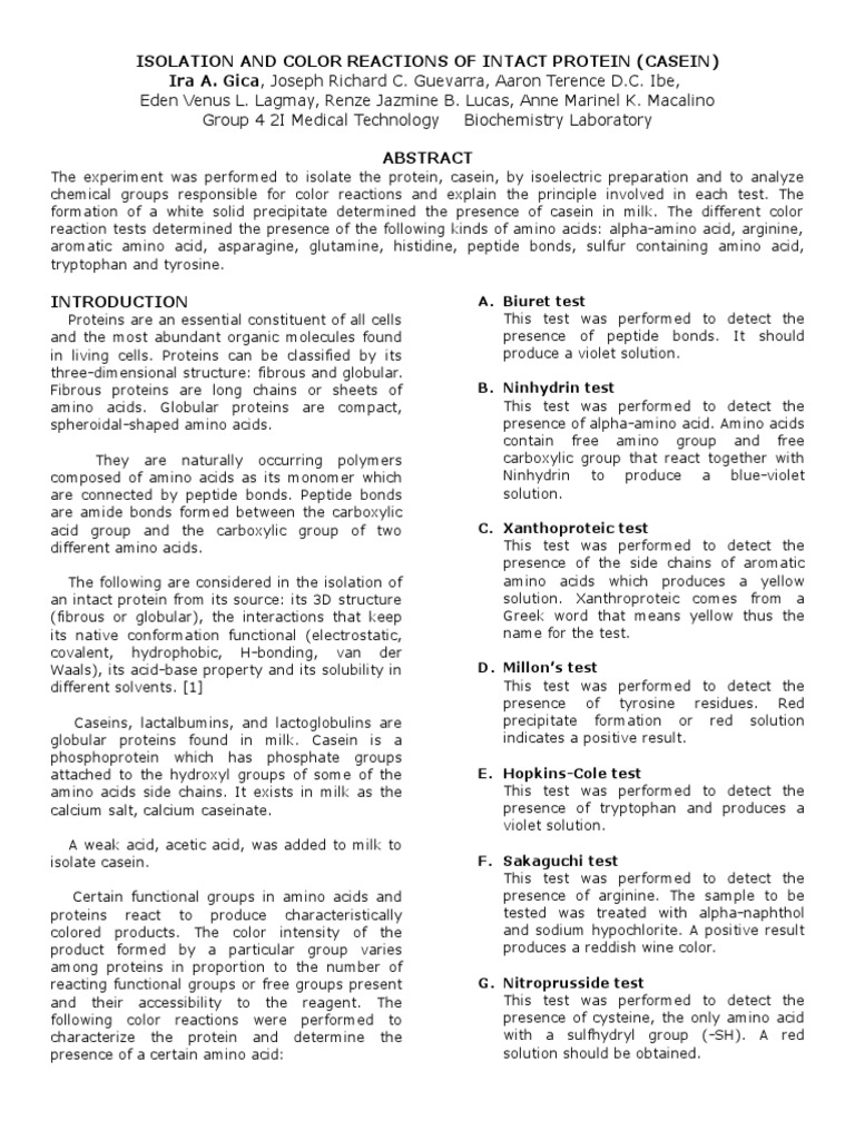 Isolation and Color Reactions of Intact Protein (Casein) | PDF | Amino ...