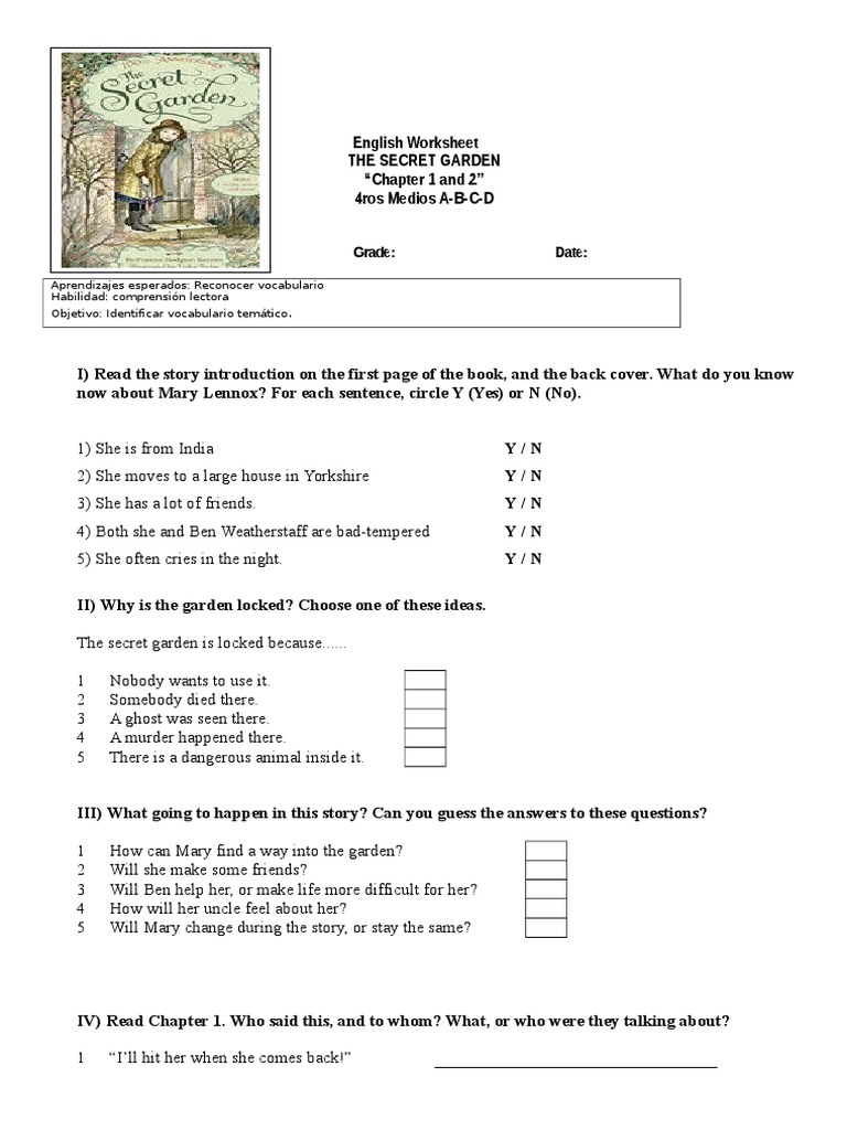Secret Garden Chapter 1 & 2 Worksheet | PDF | The Secret Garden