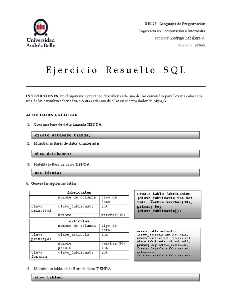 2016-1 INS125 - Ejercicio Resuelto SQL | PDF | SQL | Tabla (base de datos)